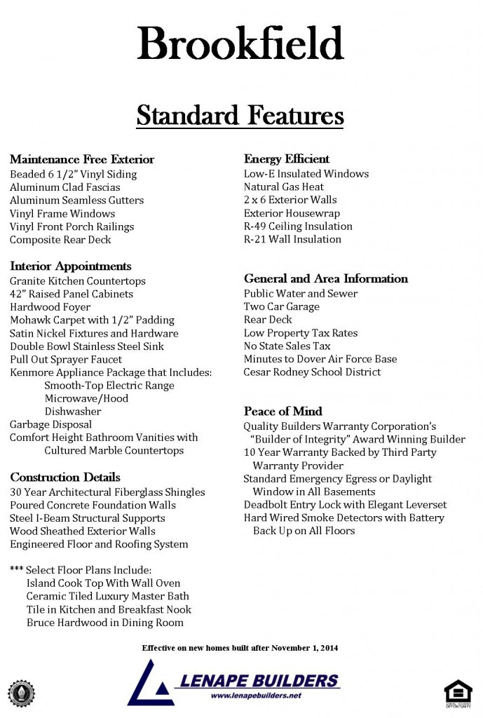 Standard Features | Brookfield | Lenape Builders