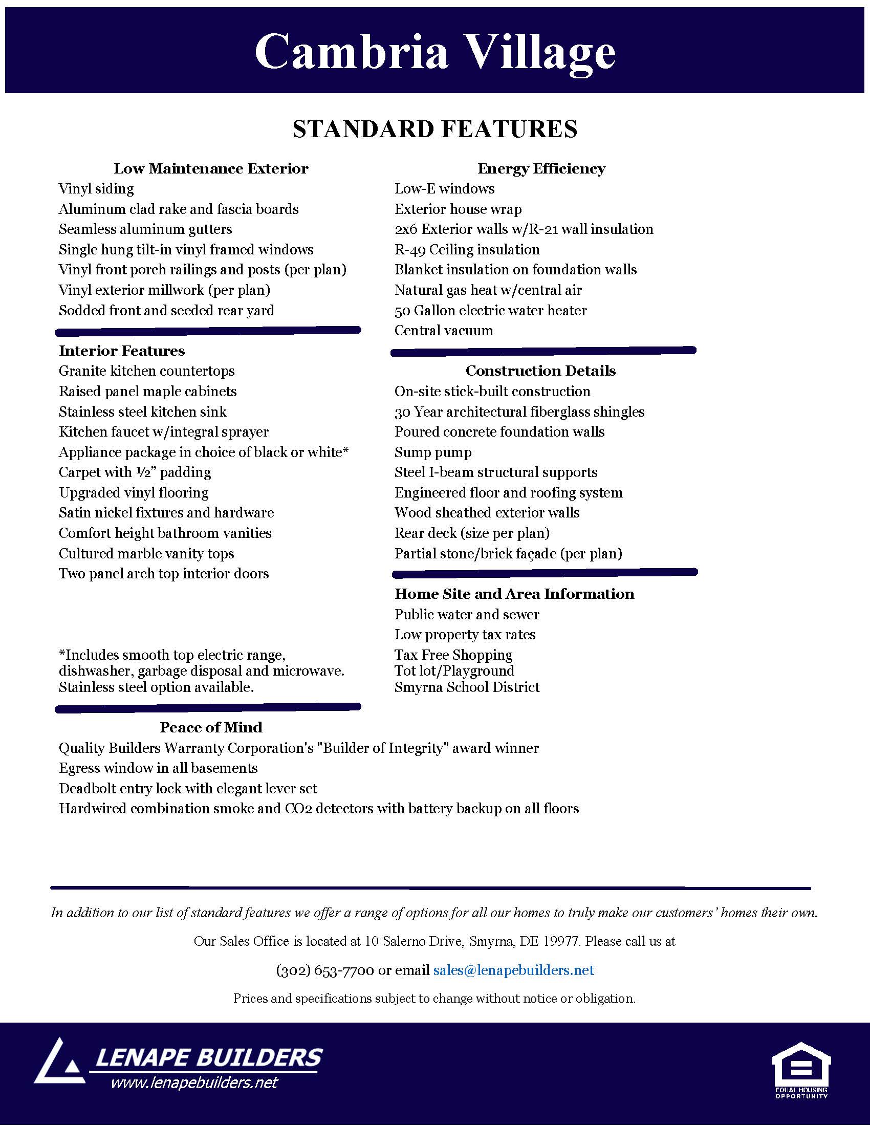 Standard Features | Cambria Village | Lenape Builders